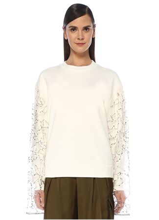 Dries Van Noten Kadın Beyaz Kolları Payetli Sweatshirt XS EU