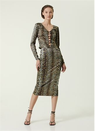 Rotate Birger Christensen Kadın Leopar Desenli Midi Elbise Kahverengi 34 IT