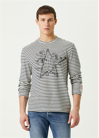 Golden Goose Erkek Ekru Mavi Çizgi Desenli Uzun Kollu T-shirt Bej S EU Golden Goose Erkek Ekru Mavi Çizgi Desenli Uzun Kollu T-shirt Bej S EU