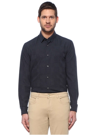 Pal Zileri Erkek Lacivert Küçük Yaka Kareli Gömlek 38 IT