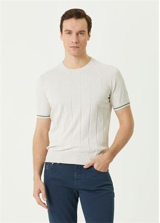 Brunello Cucinelli Erkek Bej Çizgi Dokulu Kısa Kollu Triko 48 IT