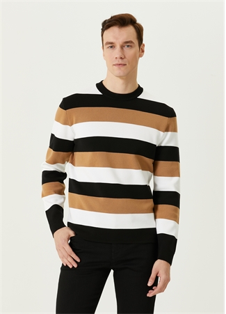 Boss Erkek Siyah Bej Şerit Desenli Organik Pamuk Kazak L EU