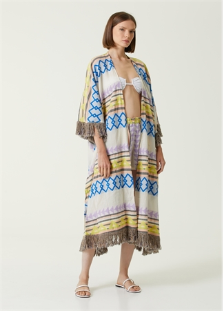 Devotion Kadın Mavi Desenli Püskül Detaylı Kimono EU Devotion Kadın Mavi Desenli Püskül Detaylı Kimono EU