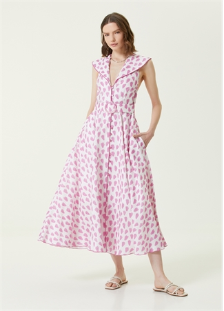 Gül Hürgel Kadın Pembe Desenli Sırt Detaylı Midi Keten Elbise S EU