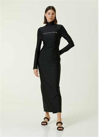 Alexander Wang Kadın Siyah Logo İşlemeli Dik Yaka Midi Elbise M EU