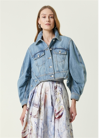 Alexander McQueen Kadın Mavi Balon Kol Crop Jean Ceket 42 IT Alexander McQueen Kadın Mavi Balon Kol Crop Jean Ceket 42 IT