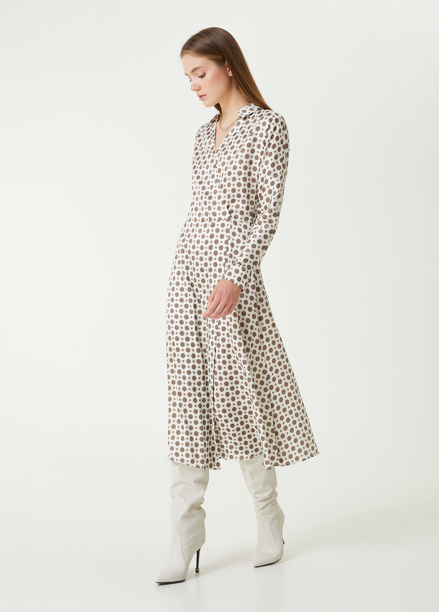 Beymen Collection - Beyaz Desenli Midi Gömlek Elbise - Kırık Beyaz