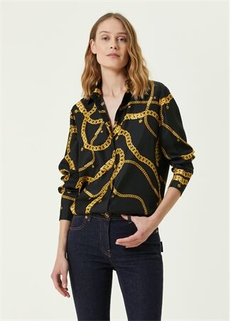 Versace Kadın Siyah Gold Desenli İpek Gömlek 38 IT