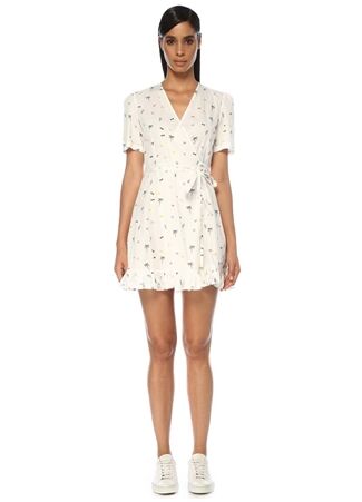 Beymen Club Kadın Beyaz V Yaka Desenli Mini Anvelop Elbise 42 EU