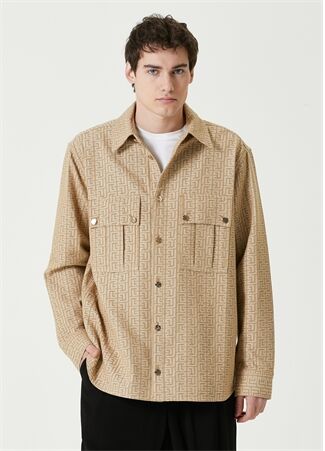Balmain Erkek Bej Logo Desenli Gömlek 40 IT