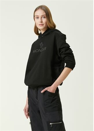 Moncler Kadın Siyah Kapüşonlu Logolu Sweatshirt S EU