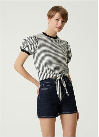 Beymen Club Kadın Siyah Beyaz Çizgili Balon Kol Havlu T-shirt S