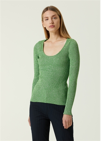 Ganni Kadın Yeşil U Yaka Simli Kazak XS EU