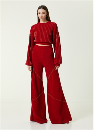 Raisa Vanessa Kadın Kırmızı Taş Şeritli Bol Paça Yün Pantolon 36 EU Raisa Vanessa Kadın Kırmızı Taş Şeritli Bol Paça Yün Pantolon 36 EU