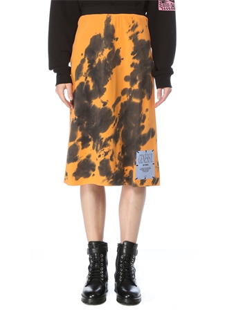 MCQ Kadın Turuncu Siyah Batik Desenli Midi İpek Etek XS EU