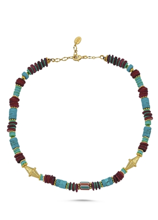 Berrin Özkan Kadın Turkuaz Bordo Boncuklu Kolye EU