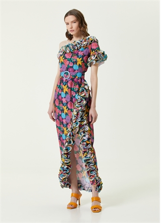 Gül Hürgel Kadın Çiçekli Asimetrik Fırfırlı Maksi Keten Elbise S EU