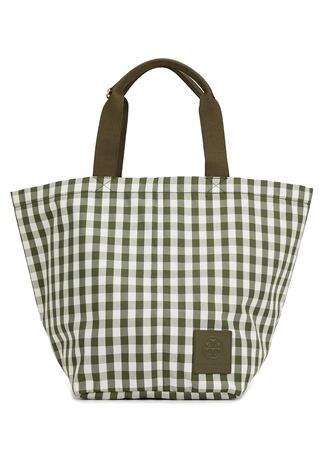 Tory Burch Kadın Beyaz Yeşil Ekose Desenli Alışveriş Çantası EU