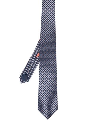 Salvatore Ferragamo Erkek Lacivert Mikro Kaktüs Desenli İpek Kravat EU