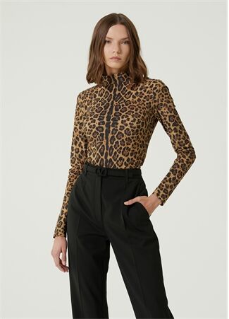 Valentino Kadın Dik Yaka Leopar Desenli Uzun Kol Bluz Kahverengi L EU