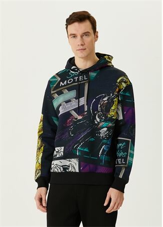 Emporio Armani Erkek Racing Siyah Kapüşonlu Desenli Sweatshirt S EU