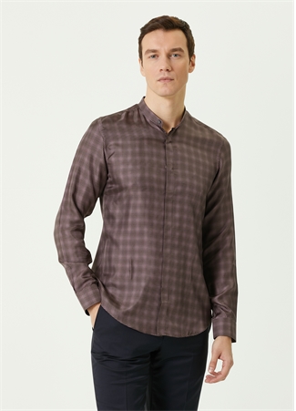 Pal Zileri Erkek Kahverengi Desenli İpek Gömlek Siyah 40 IT