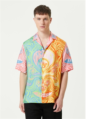 Versace Erkek Yeşil Logo Desenli Kısa Kollu İpek Gömlek 50 IT