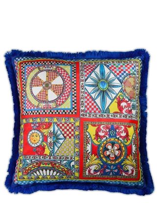 Baci Milano Sole Mio Mavi Püsküllü 60x60 Cm Kadife Yastık