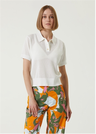 Dries Van Noten Kadın Beyaz Polo Yaka File Dokulu T-shirt L EU Dries Van Noten Kadın Beyaz Polo Yaka File Dokulu T-shirt L EU