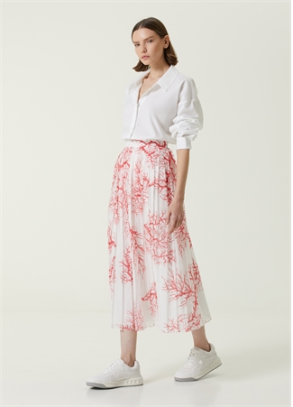 Valentino Kadın Beyaz Kırmızı Mercan Desenli Pilili Midi Etek 42 IT