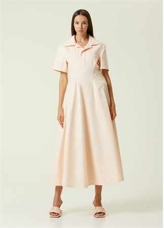 Bottega Veneta Kadın Bej İngiliz Yaka Midi Elbise 42 IT