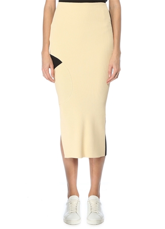 Off-White Kadın Bej Siyah Yüksek Bel Bloklu Midi Etek 38 IT