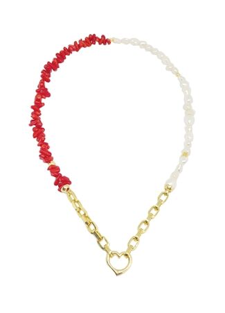 Linya Jewellery Kadın Mercan Taşlı İncili Kolye Kırmızı EU