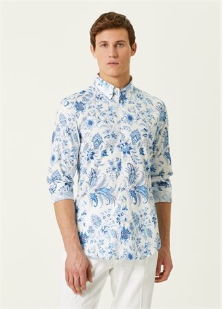 Etro Erkek Mavi Beyaz Çiçek Desenli Gömlek 42 IT