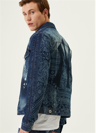 Philipp Plein Erkek Lacivert Yıpratmalı Logo Desenli Denim Ceket L EU Philipp Plein Erkek Lacivert Yıpratmalı Logo Desenli Denim Ceket L EU