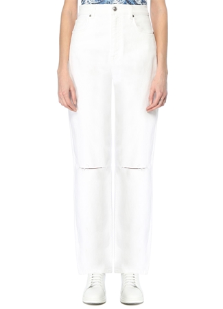 Etro Kadın Beyaz Yüksek Bel Bol Paça Yıpratmalı Jean Pantolon 26 US