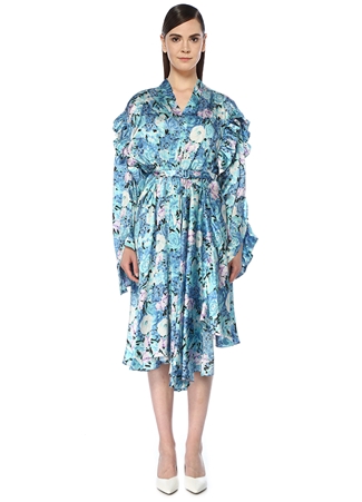 Balenciaga Kadın Mavi Çiçek Desenli Midi İpek Elbise 38 FR