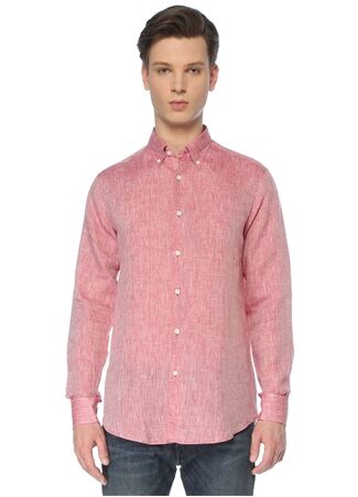 Pal Zileri Erkek Pembe Düğmeli Yaka Keten Gömlek Bordo 39 IT