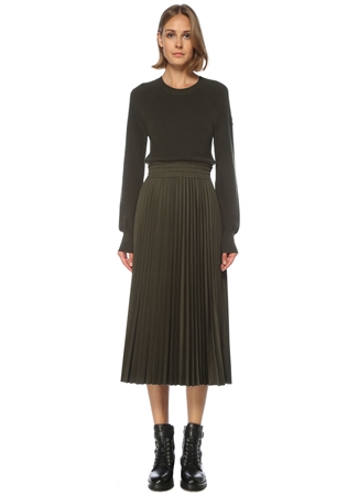 Moncler Kadın Haki Triko Garnili Pilili Uzun Kol Midi Elbise Yeşil M EU