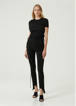 Helmut Lang Kadın Siyah Ribli Büzgü Detaylı T-shirt S EU