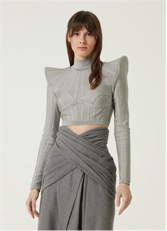 Balmain Kadın Gri Dik Yaka Vatkalı Crop Kazak 36 FR
