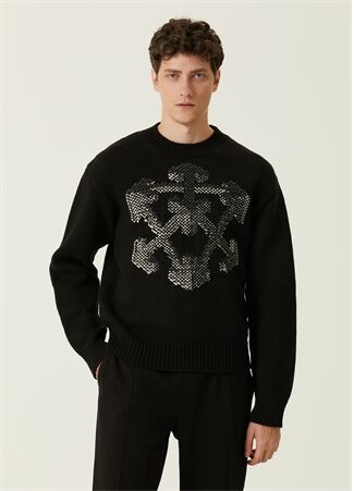 Off-White Erkek Siyah Gri Logo Jakarlı Yün Kazak S EU