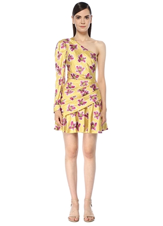 Borgo De Nor Kadın Christina Sarı Çiçekli Tek Kol Mini Kokteyl Elbise 6 US