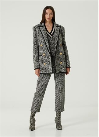 Balmain Kadın Siyah Beyaz Logo Desenli Ceket 36 FR