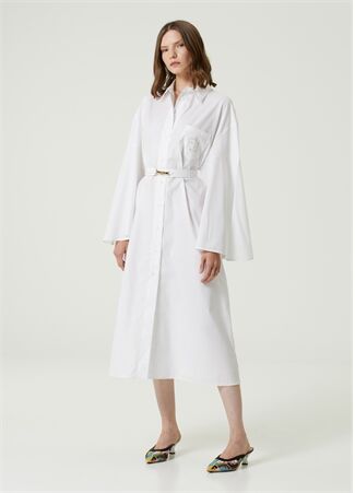 Fendi Kadın Beyaz Kemerli Midi Gömlek Elbise 42 IT