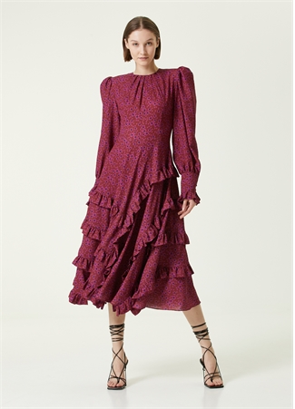 Mergim Kadın Ulla Bordo Çiçekli Midi Kokteyl Elbise 2 EU