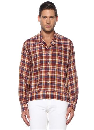 Pal Zileri Erkek Colorblocked Apaç Yaka Ekoseli Keten Gömlek Kahverengi 4 IT