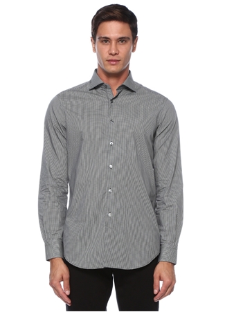 Pal Zileri Erkek Siyah Beyaz Pötikareli Modern Yaka Gömlek Yeşil 38 IT