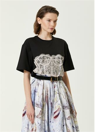 Alexander McQueen Kadın Siyah Dantel Garnili T-shirt 42 IT