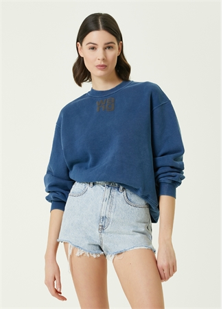 T by Alexander Wang Kadın Mavi Bisiklet Yaka Logolu T-shirt Lacivert XS EU